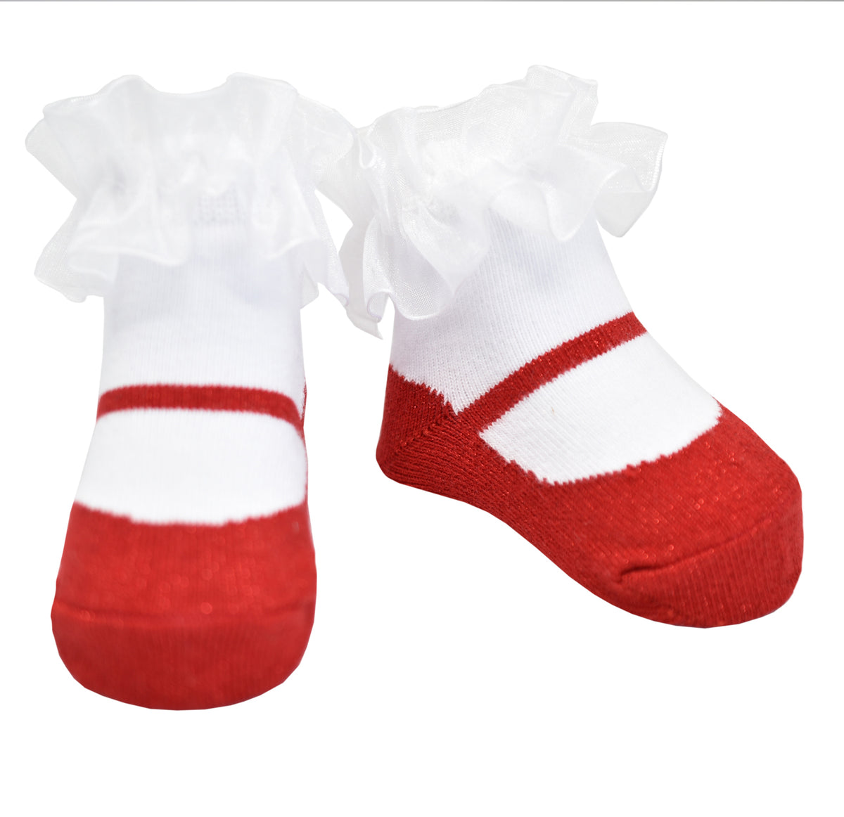 SPARKLE RED shoe-design socks with organza ruffles. Anti-slip soles. 0 ...